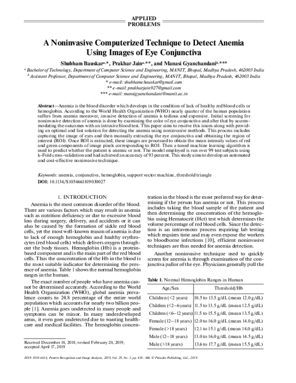 (PDF) A Noninvasive Computerized Technique to Detect Anemia Using ...