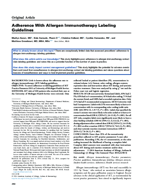 (PDF) Adherence with Allergen Immunotherapy Labeling Guidelines