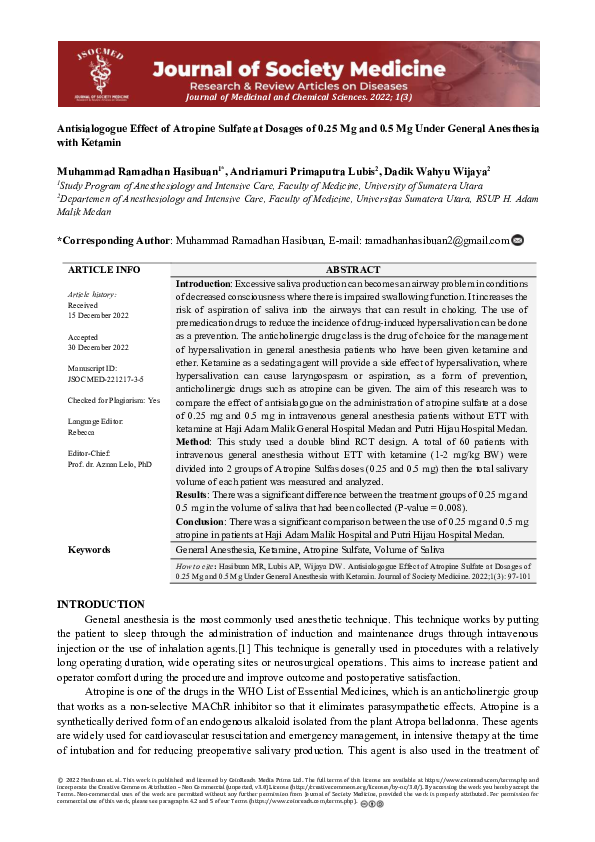 (PDF) Antisialogogue Effect of Atropine Sulfate at Dosages of 0.25 Mg ...