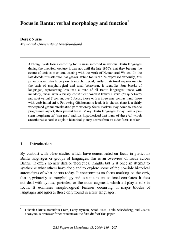 Pdf Focus In Bantu Verbal Morphology And Function