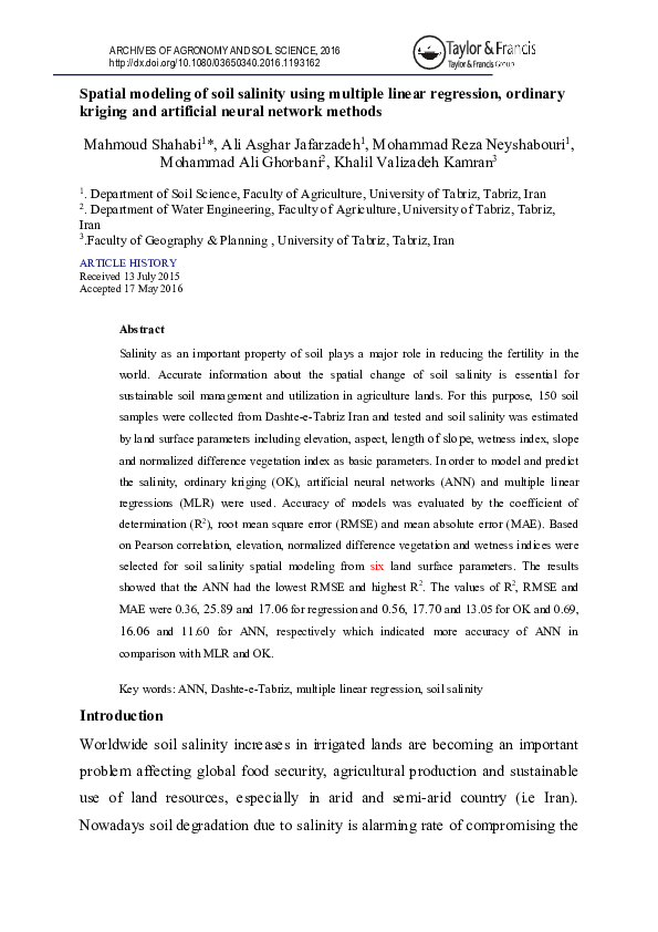 (PDF) Spatial modeling of soil salinity using multiple linear regression, ordinary kriging and ...