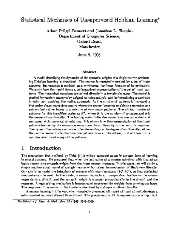 (PDF) Statistical mechanics of unsupervised Hebbian learning | Jonathan Shapiro - Academia.edu
