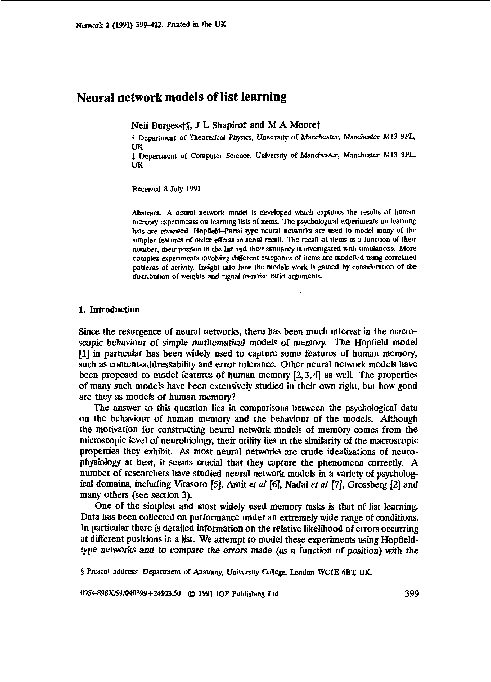 (PDF) Neural network models of list learning