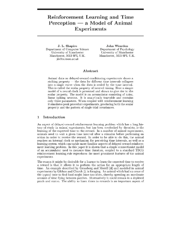 (PDF) Reinforcement Learning and Time Perception a Model of Animal ...