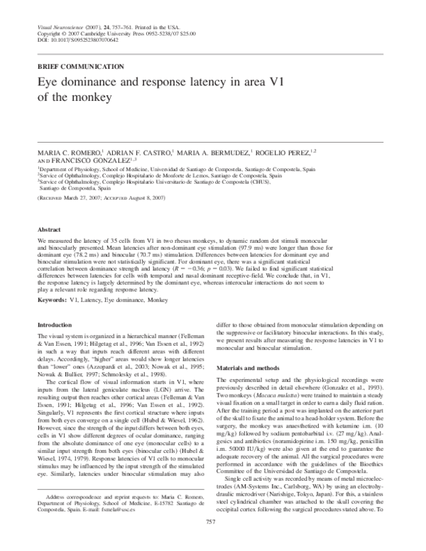 (PDF) Eye dominance and response latency in area V1 of the monkey
