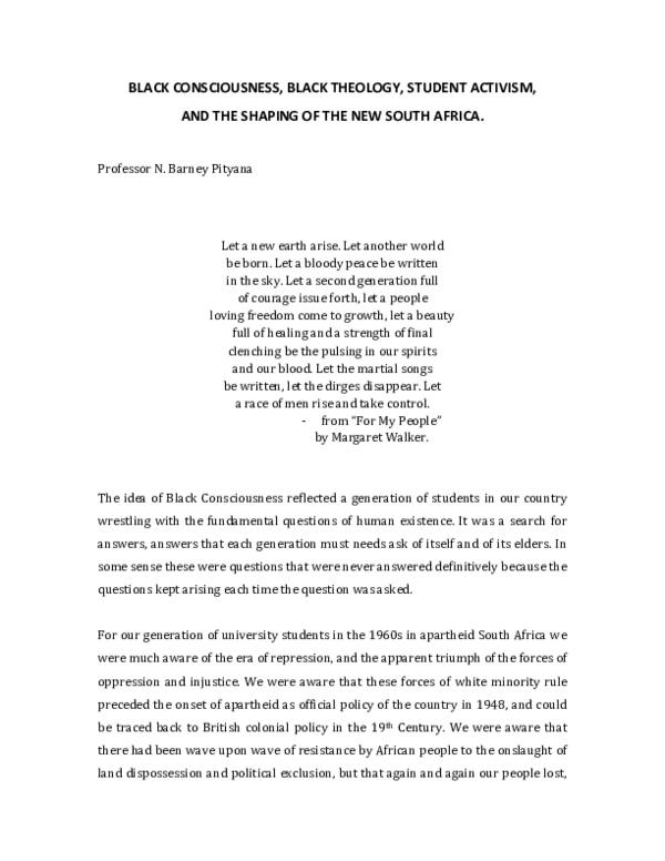 (PDF) Black Consciousness, Black Theology, Student Activism and the ...