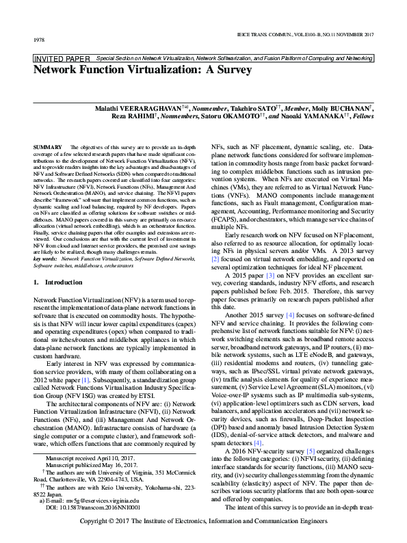 Pdf Network Function Virtualization A Survey