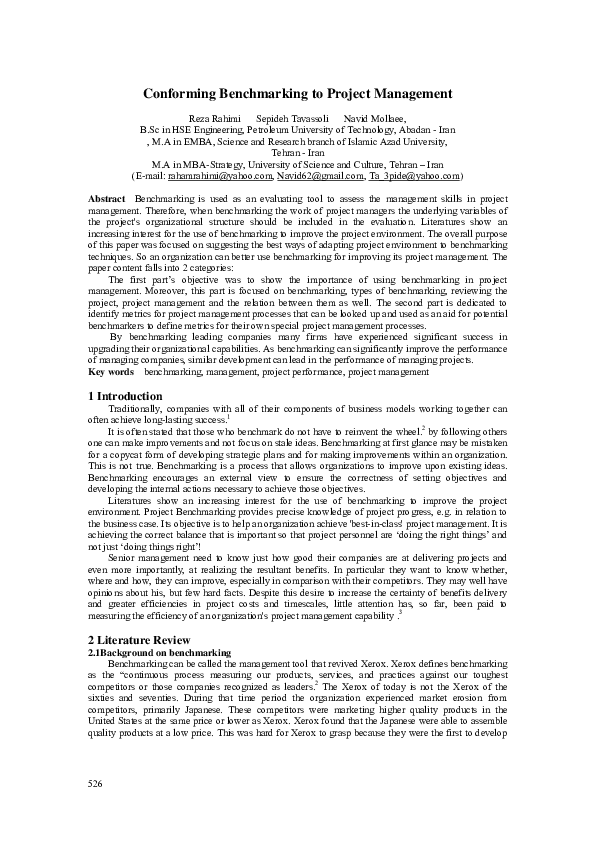(PDF) Conforming Benchmarking to Project Management