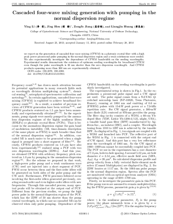 (PDF) Cascaded four-wave mixing generation with pumping in the normal dispersion regime | YING ...