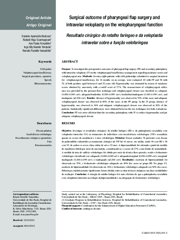(PDF) Surgical outcome of pharyngeal flap surgery and intravelar ...