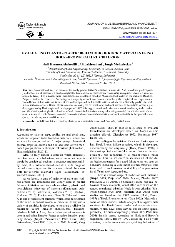 (PDF) Evaluating elastic-plastic behaviour of rock materials using hoek ...