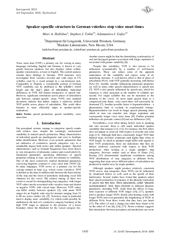 (PDF) Speaker-specific Structure in German Voiceless Stop Voice Onset Times