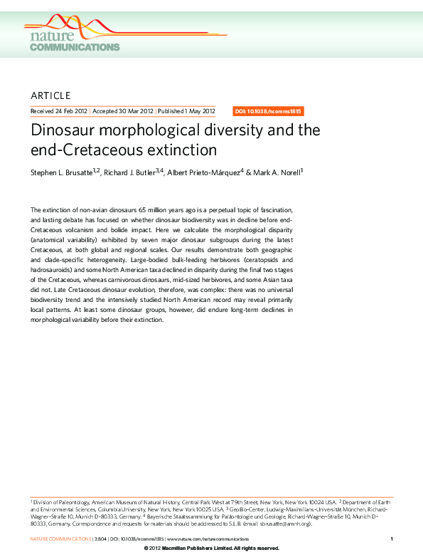 (PDF) Dinosaur morphological diversity and the end-Cretaceous extinction