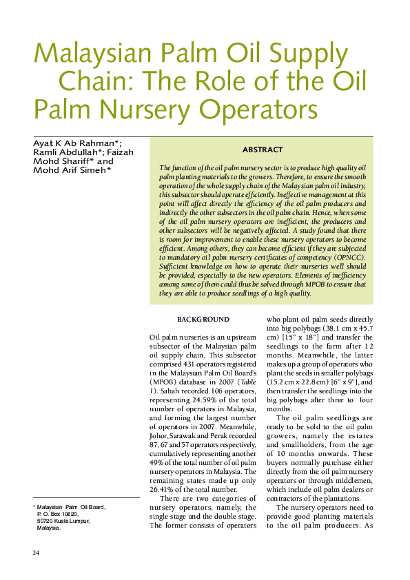 (PDF) Malaysian Palm Oil Supply Chain : The Role of the Oil Palm Nursery Operators | Ayat Rahman ...