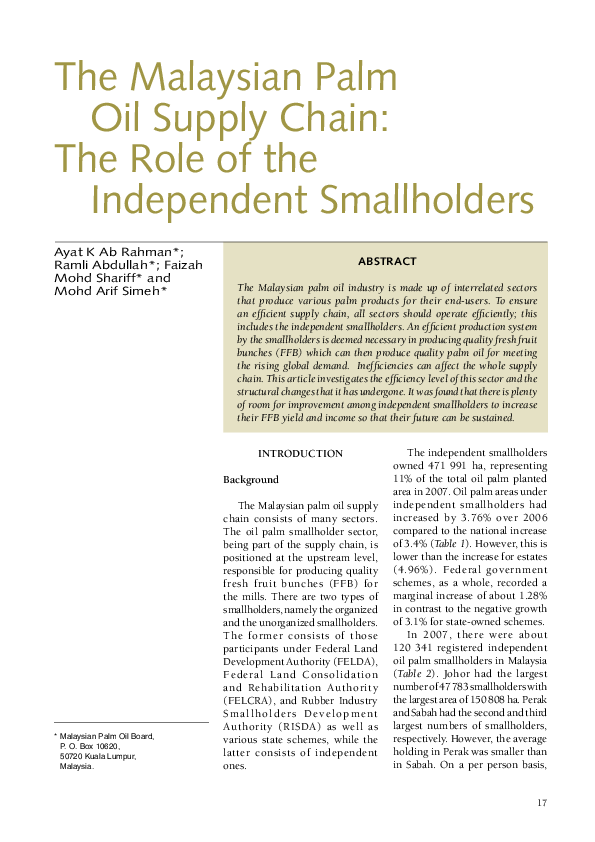 (PDF) The Malaysian palm oil supply chain: the role of the independent smallholder