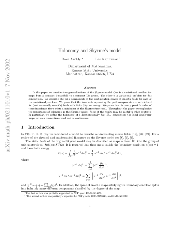 (PDF) Holonomy and Skyrme's Model