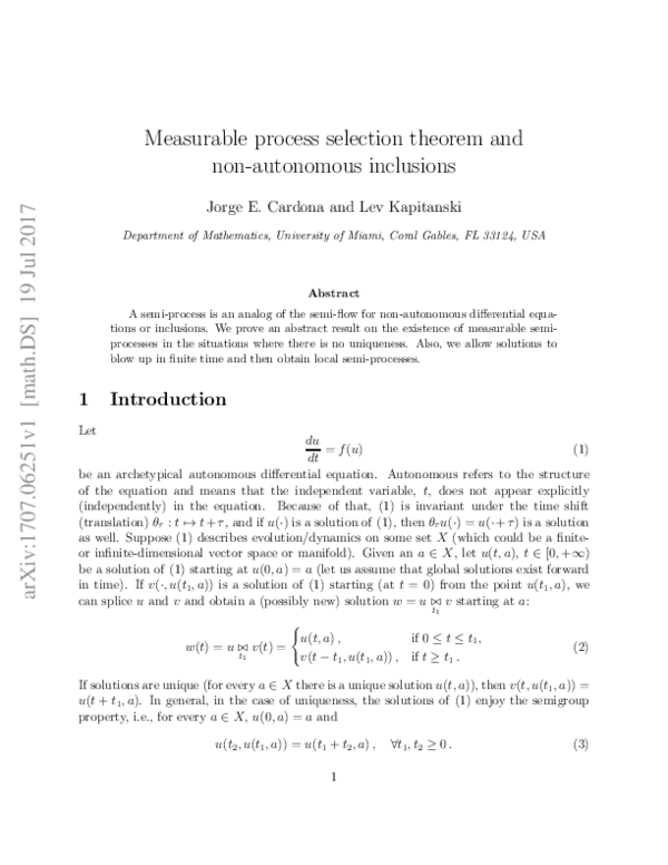 (PDF) Measurable Process Selection Theorem and Non-autonomous Inclusions