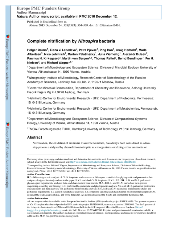 (PDF) Complete nitrification by Nitrospira bacteria