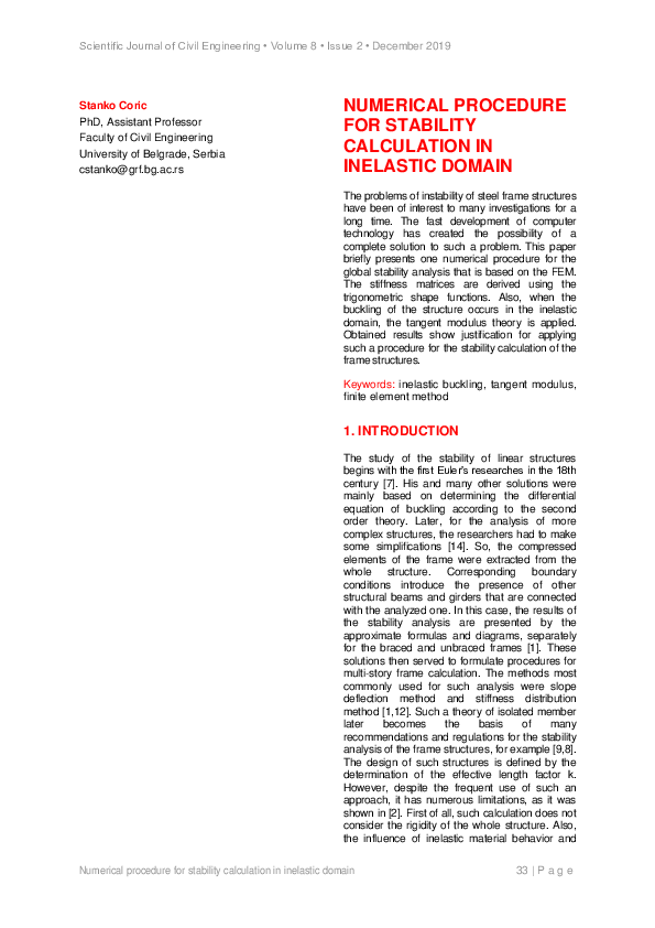 (PDF) Numerical Procedure for Stability Calculation in Inelastic Domain