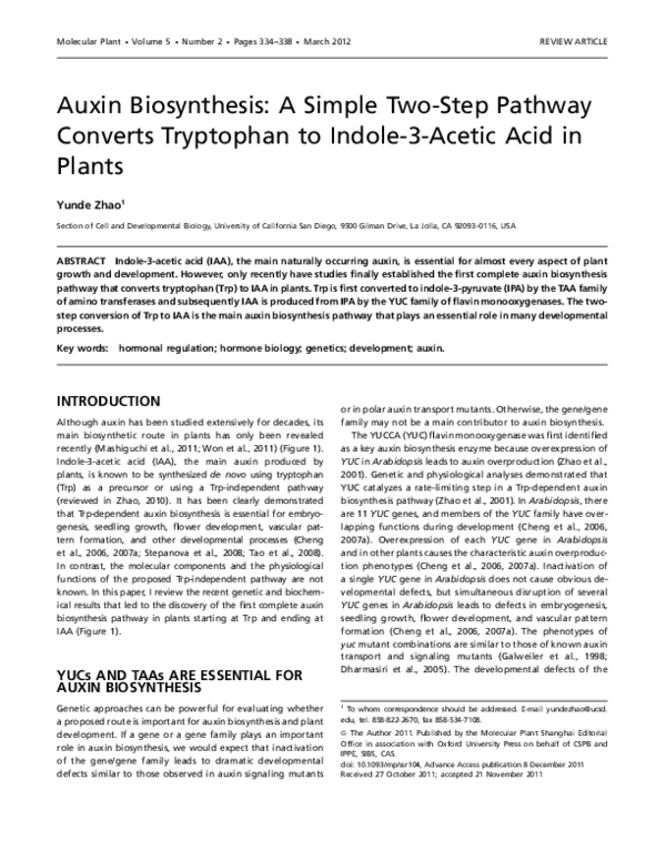 (PDF) Auxin Biosynthesis: A Simple Two-Step Pathway Converts Tryptophan ...