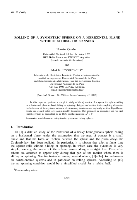 (PDF) Rolling of a symmetric sphere on a horizontal plane without ...