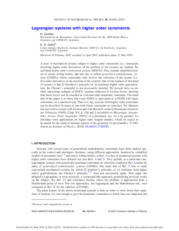 (PDF) Lagrangian systems with higher order constraints
