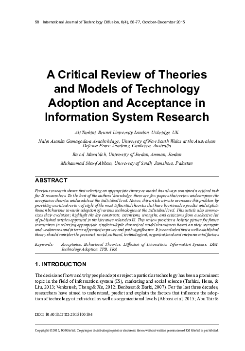 (PDF) A Critical Review of Theories and Models of Technology Adoption ...