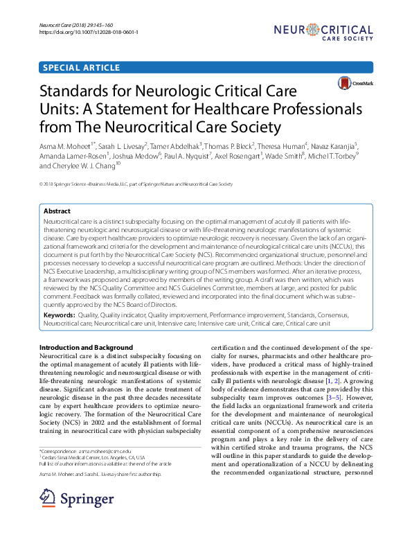 (PDF) Standards for Neurologic Critical Care Units: A Statement for ...
