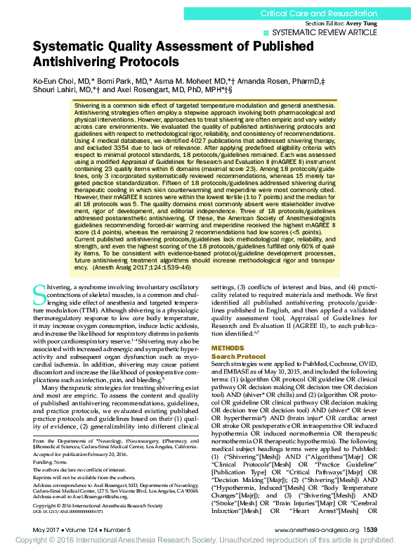 (PDF) Systematic Quality Assessment of Published Antishivering Protocols