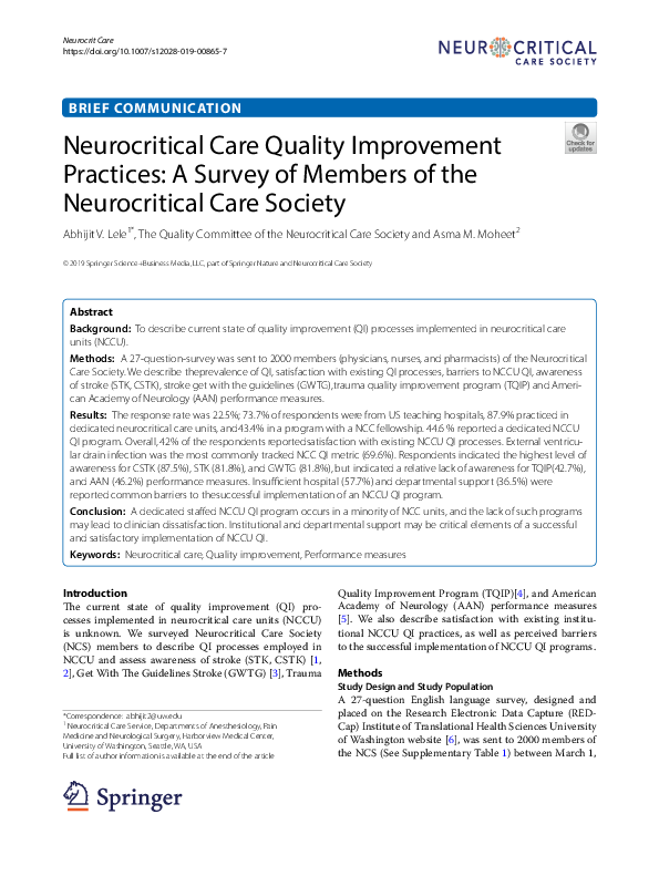(PDF) Neurocritical Care Quality Improvement Practices: A Survey of ...