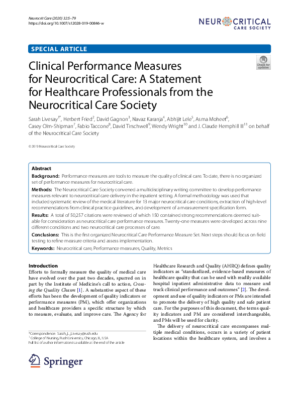 (PDF) Clinical Performance Measures for Neurocritical Care: A Statement for Healthcare ...