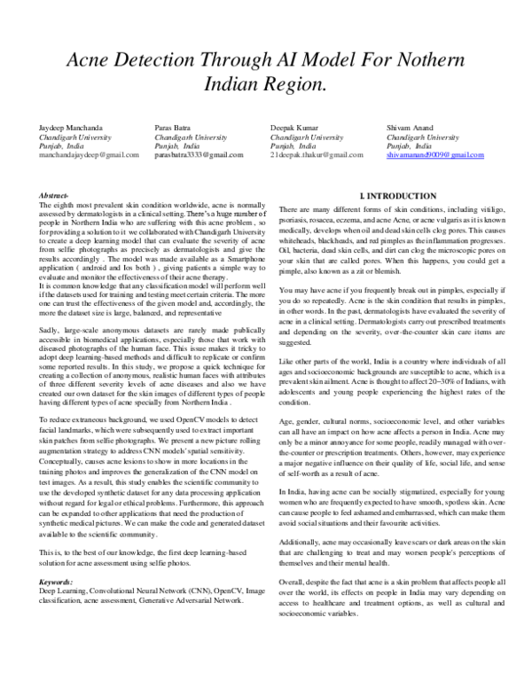 Pdf Acne Detection Through Ai Model For Nothern Indian Region