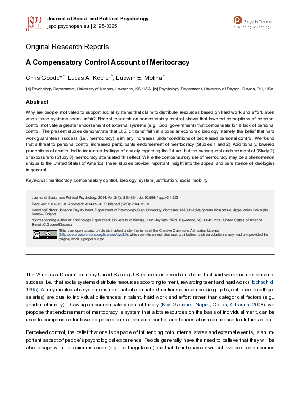 (PDF) A Compensatory Control Account of Meritocracy