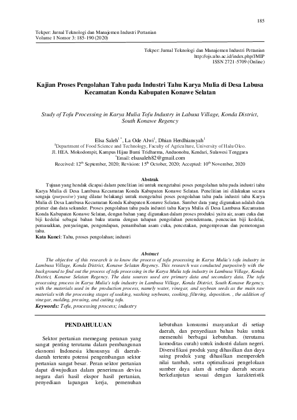(PDF) Study of Tofu Processing in Karya Mulia Tofu Industry in Labusa Village, Konda District ...
