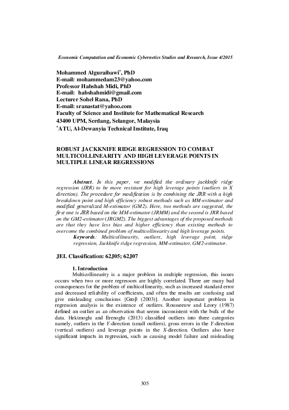 (PDF) Robust Jackknife Ridge Regression to Combat Multicollinearity and High Leverage Points in ...