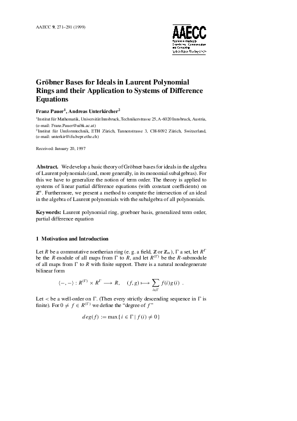(PDF) Gröbner Bases for Ideals in Laurent Polynomial Rings and their Application to Systems of ...