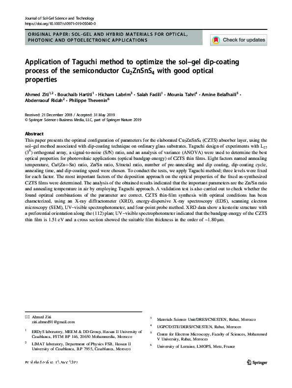 (PDF) Application of Taguchi method to optimize the sol–gel dip-coating process of the ...