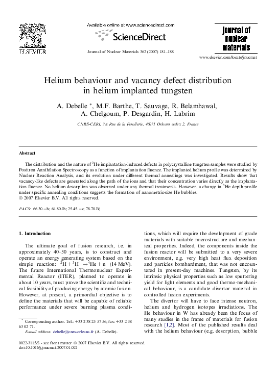 (PDF) Helium behaviour and vacancy defect distribution in helium ...