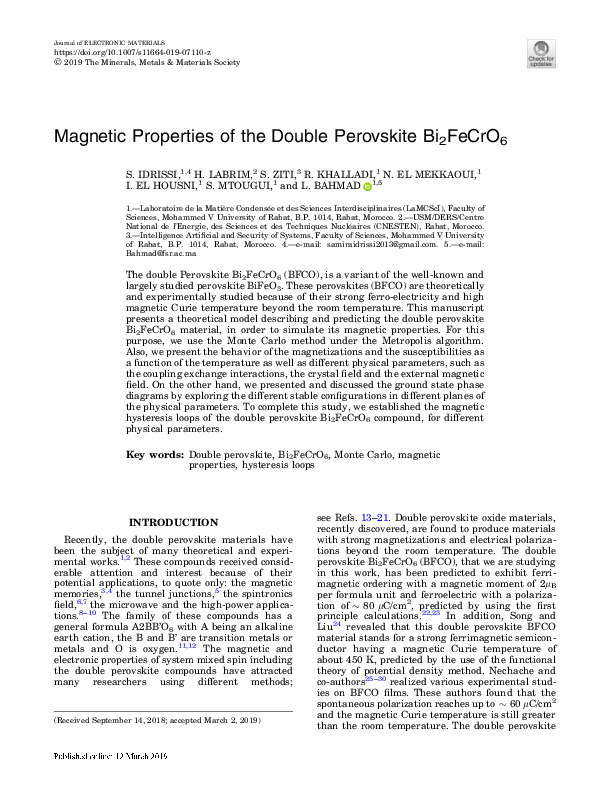 (PDF) Magnetic Properties of the Double Perovskite Bi2FeCrO6