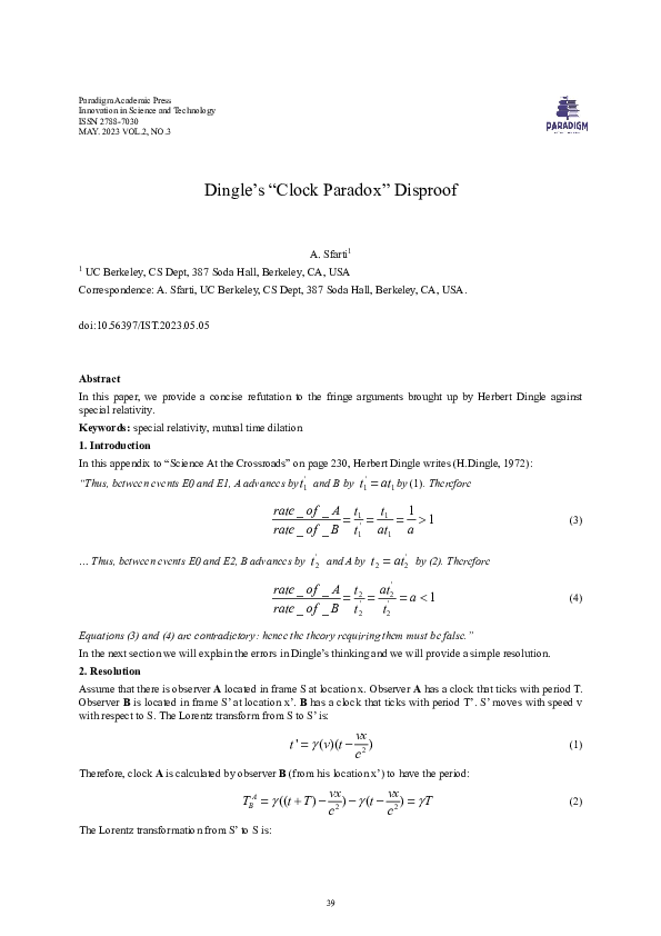 (PDF) Dingle's "Clock Paradox" Disproof