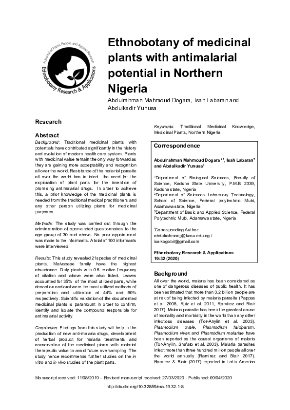 (PDF) Ethnobotany of medicinal plants with antimalarial potential in Northern Nigeria
