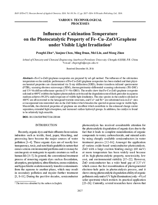 (PDF) Calcination Effects on Fe-Cu-ZnO/Graphene Catalysts