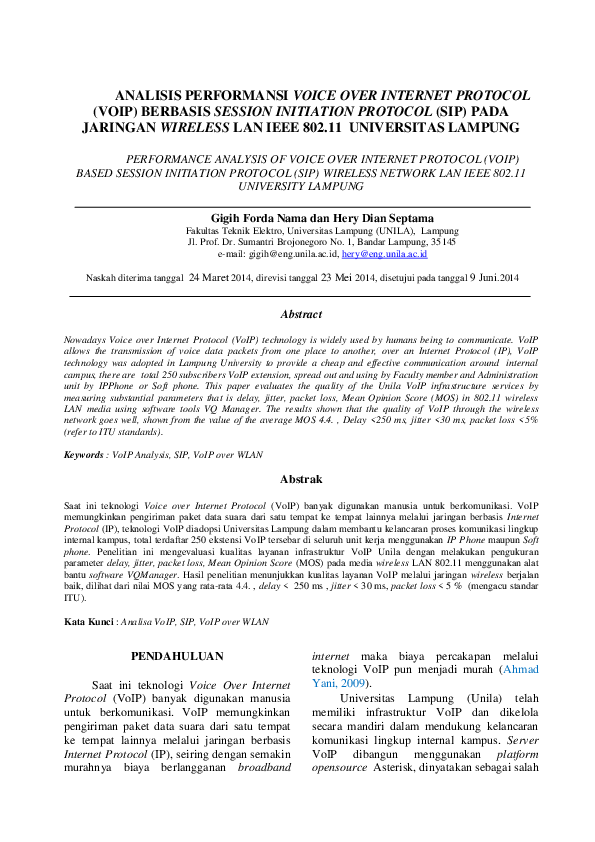 (PDF) Analisis Performansi Voice Over Internet Protocol (Voip) Berbasis Session Initiation ...