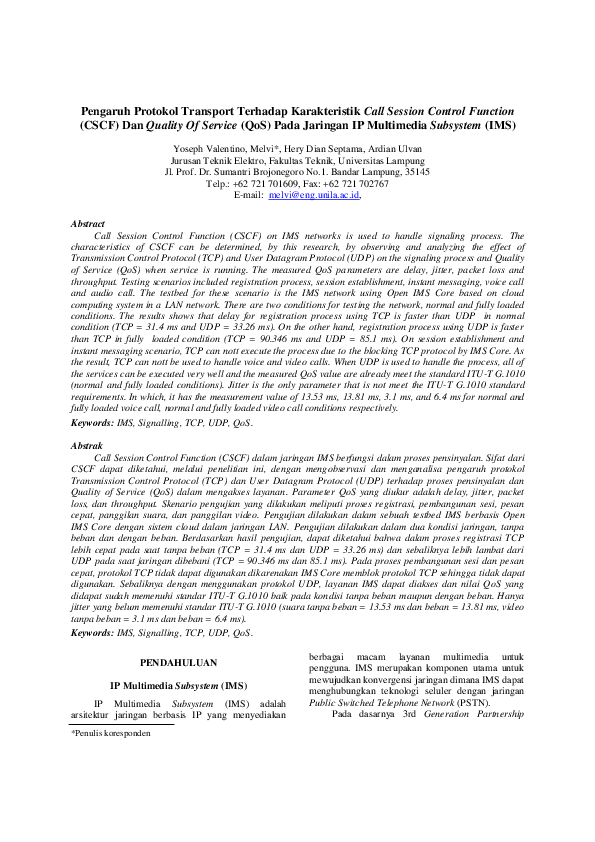 Pdf Pengaruh Protokol Transport Terhadap Karakteristik Call Session Control Function Cscf
