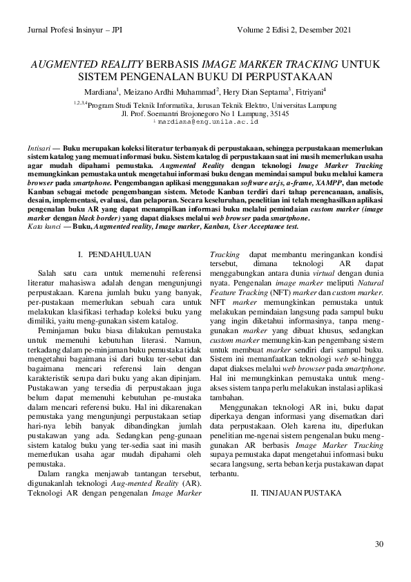(PDF) Augmented Reality Berbasis Image Marker Tracking Untuk Sistem Pengenalan Buku DI Perpustakaan