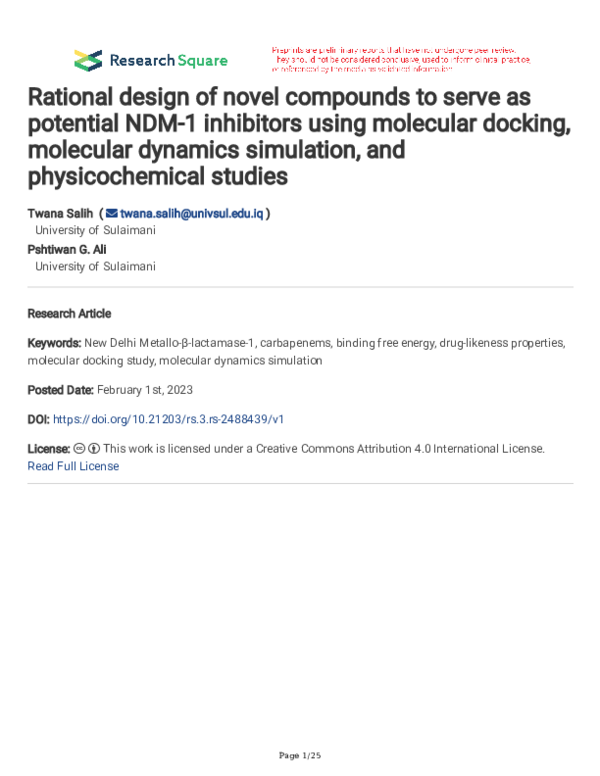 (PDF) Rational design of novel compounds to serve as potential NDM-1 inhibitors using molecular ...
