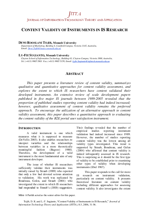 (PDF) Content Validity of Instruments in IS Research
