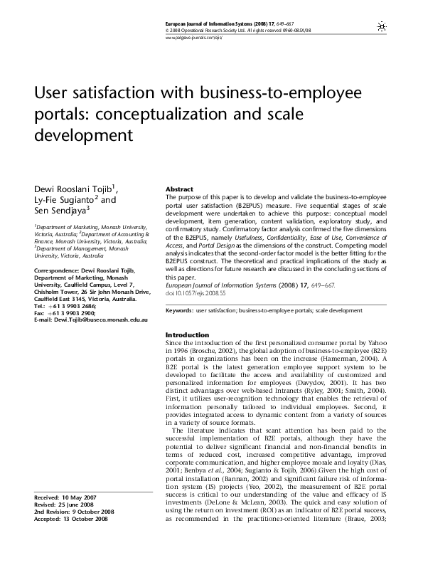 (PDF) User satisfaction with business-to-employee portals: conceptualization and scale development
