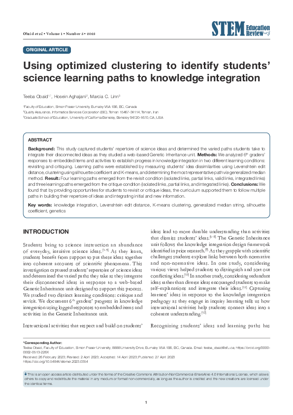 (PDF) Using optimized clustering to identify students' science learning paths to knowledge ...