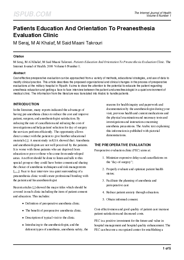 (PDF) Patients Education And Orientation To Preanesthesia Evaluation ...